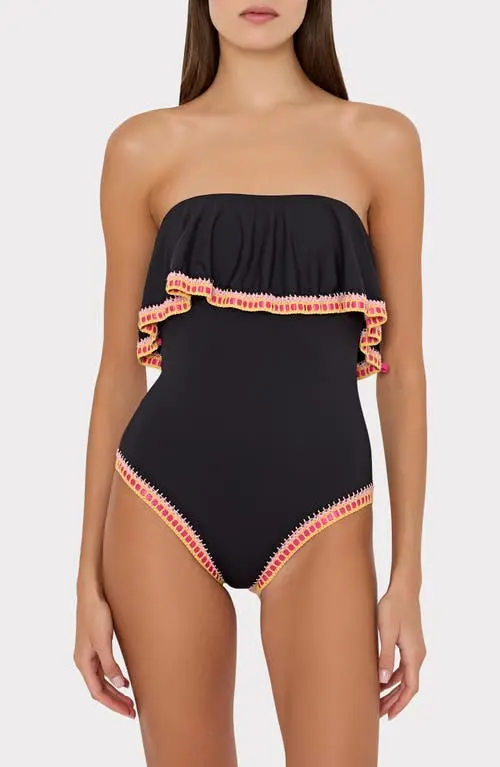 MILLY Strapless Crochet Ruffle One-piece Swimsuit - Black Multi
