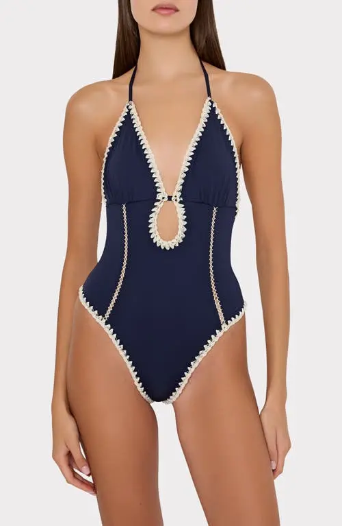 MILLY Cutout Crochet Trim One-piece Swimsuit - Navy