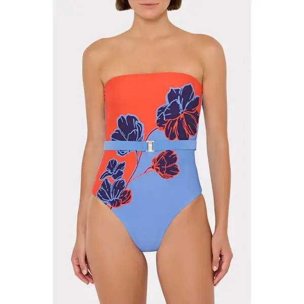 MILLY Strapless Floral One-piece Swimsuit - Orange/blue