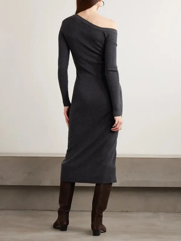 Staud Craftsman Off-The-Shoulder Ribbed Cotton And Wool-Blend Midi Dress -  Gray | Editorialist