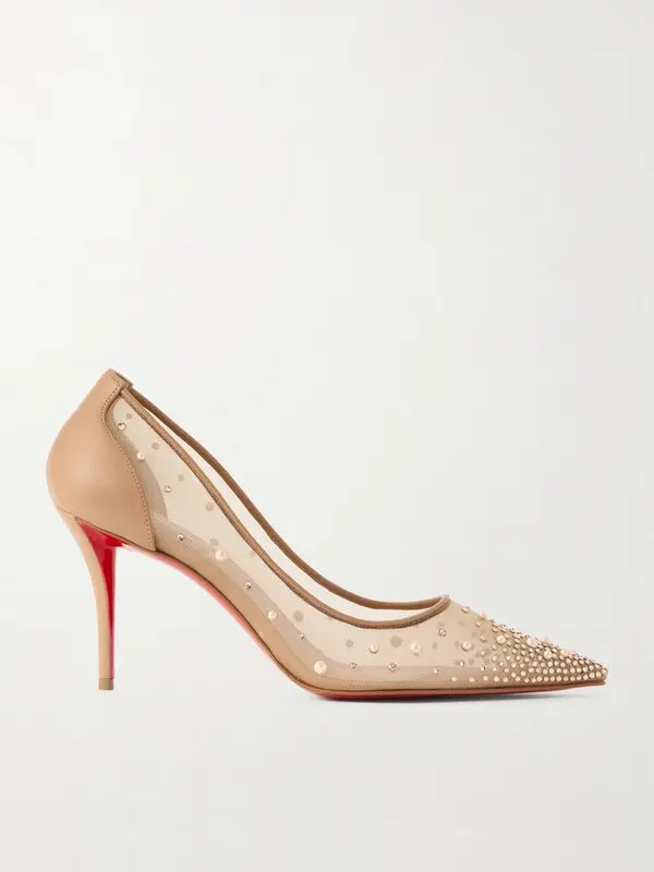CHRISTIAN LOUBOUTIN Miss Z 80 Leather-trimmed Embellished Mesh Pumps - Neutrals