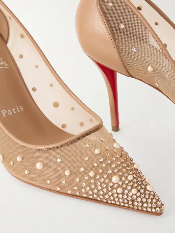 CHRISTIAN LOUBOUTIN Miss Z 80 Leather-trimmed Embellished Mesh Pumps - Neutrals