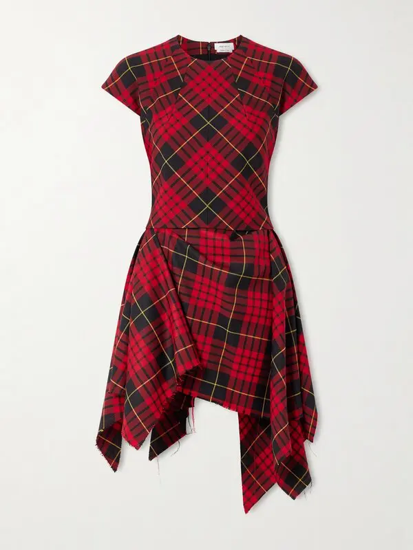 Alexander McQueen Asymmetric Layered Pleated Checked Woven Mini Dress