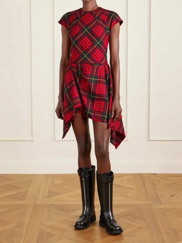 Alexander McQueen Asymmetric Layered Pleated Checked Woven Mini Dress