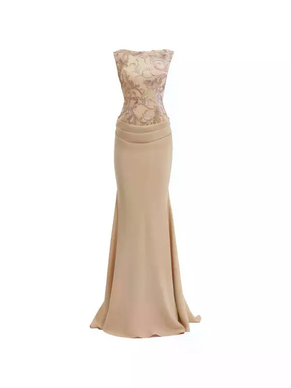 GEMY MAALOUF Embroidered Fitted Maxi Dress - Neutrals