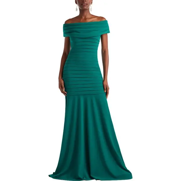 Tadashi Shoji Pleated Off-the-shoulder Mermaid Gown