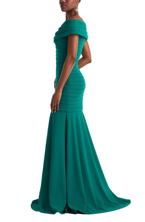 Tadashi Shoji Pleated Off-the-shoulder Mermaid Gown