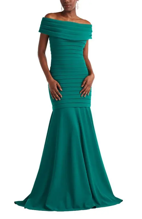 Tadashi Shoji Pleated Off-the-shoulder Mermaid Gown