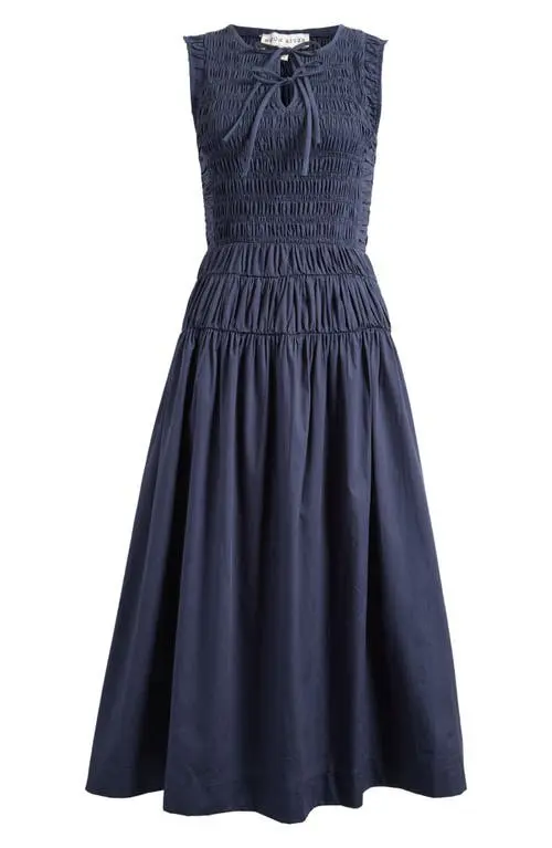 Moon River Tie-Front Smock Waist Midi Dress In Navy | Editorialist