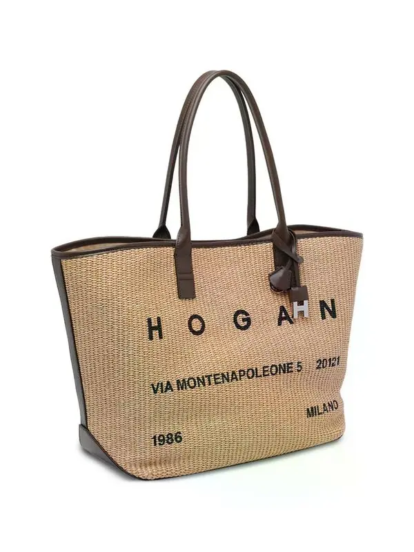 Hogan Raffia Tote Bag With Logo - Neutrals