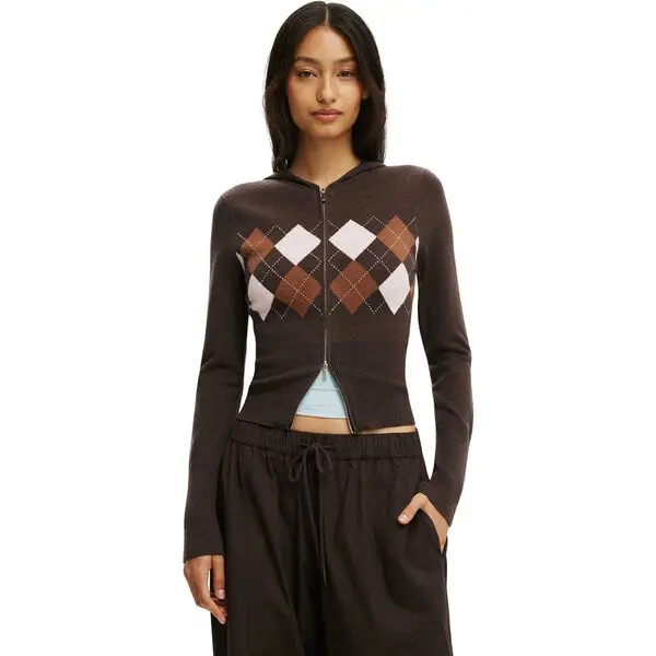 COTTON ON Hooded Cable-knit Zip-up - Dark Oak Argyle