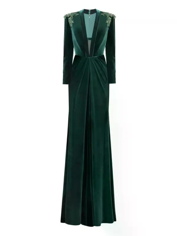 GEMY MAALOUF Beaded-shoulders Velvet Dress - Green