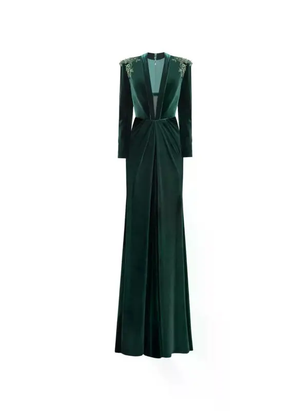 GEMY MAALOUF Beaded-shoulders Velvet Maxi Dress - Green