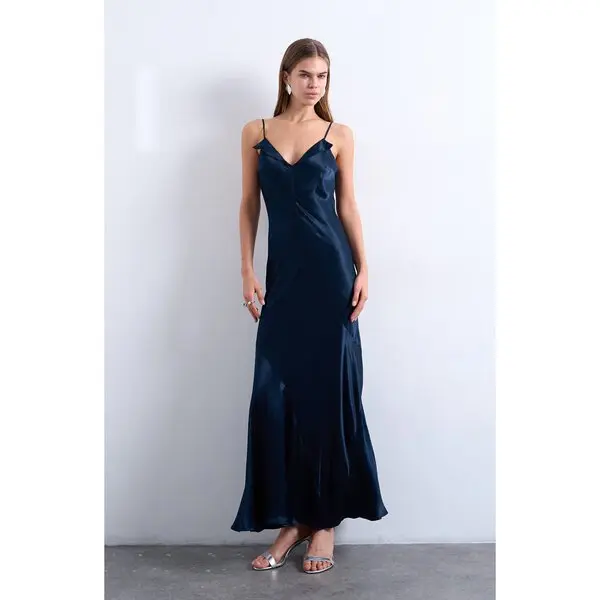 Topshop Folded Neck Satin Slip Maxi Dress - Navy