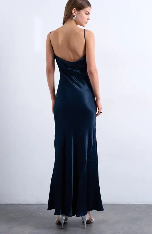 Topshop Folded Neck Satin Slip Maxi Dress - Navy