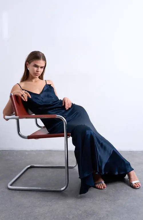Topshop Folded Neck Satin Slip Maxi Dress - Navy