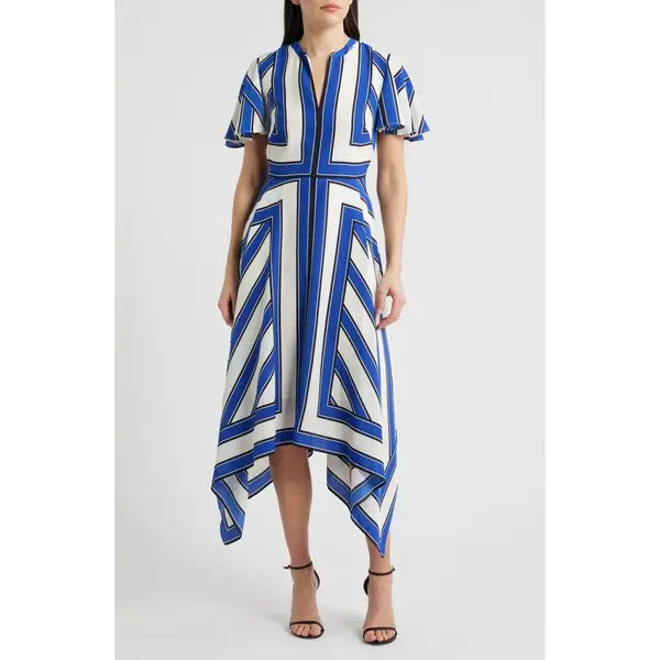 Eliza J Geometric Stripe Handkerchief Dress - Ivory Blue