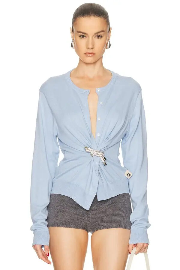 AREA Crystal Knot Cardigan - Pastel Blue