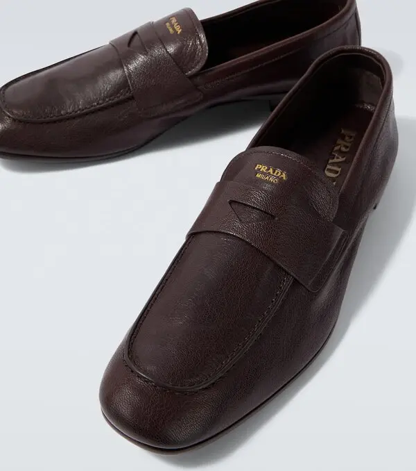 Prada Logo Leather Penny Loafers - Brown