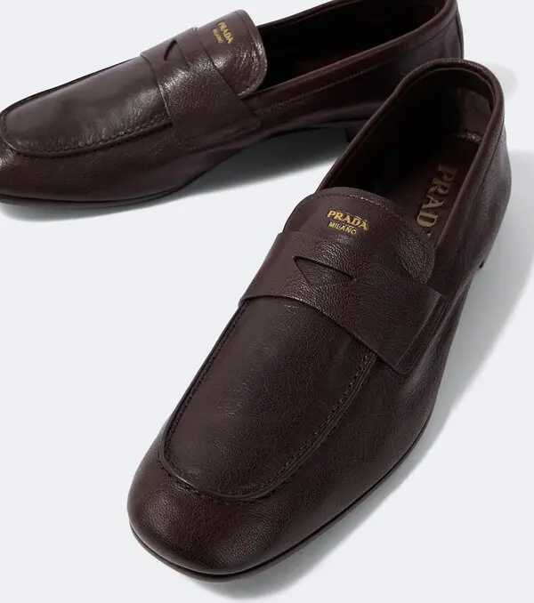 Prada Logo Leather Penny Loafers - Brown