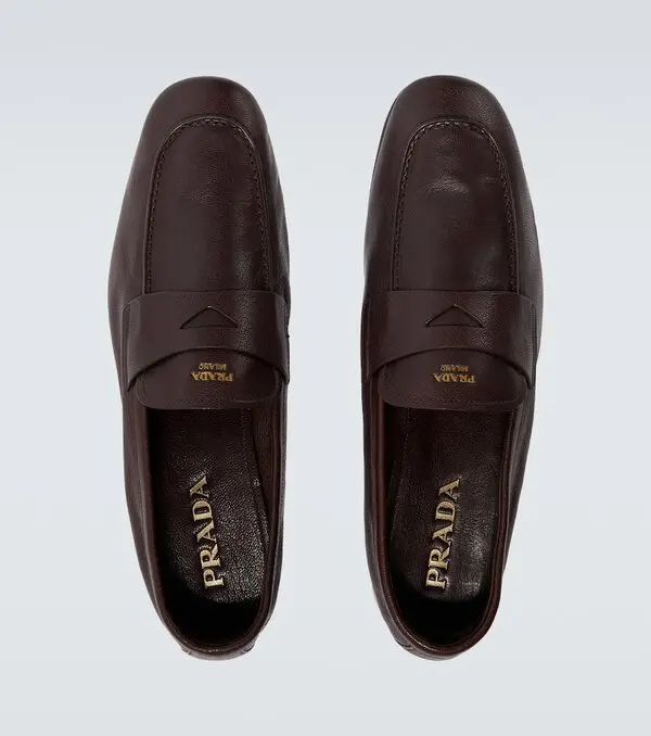 Prada Logo Leather Penny Loafers - Brown