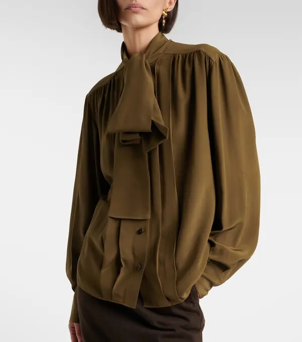 Saint Laurent Tie-neck Silk Crêpe De Chine Blouse - Brown