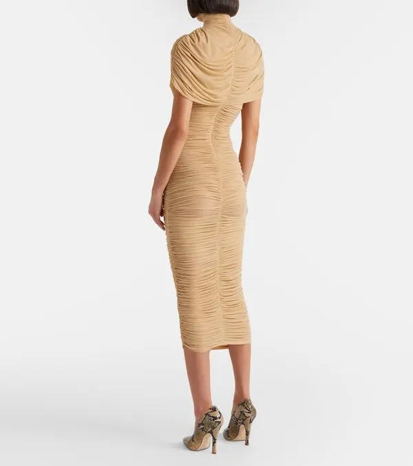 Magda Butrym Floral-appliqué Ruched Caped Jersey Midi Dress - Beige
