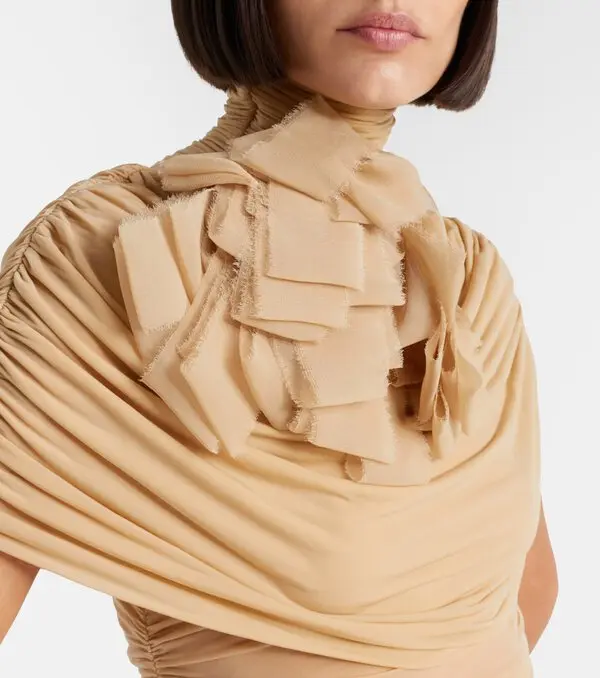Magda Butrym Floral-appliqué Ruched Caped Jersey Midi Dress - Beige