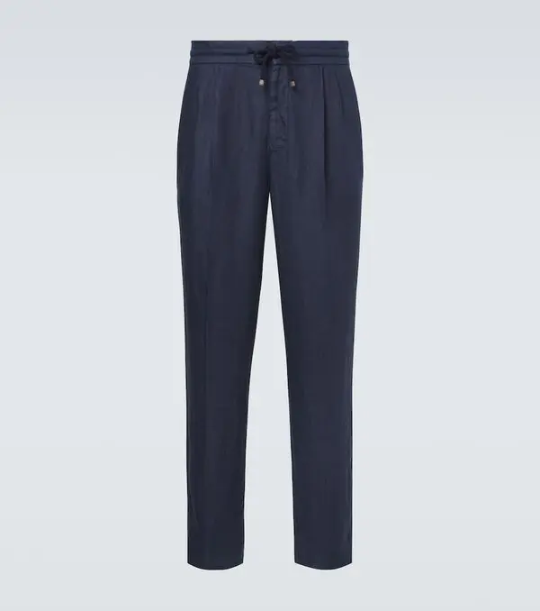 Brunello Cucinelli Linen Gabardine Tapered Trousers - Blue