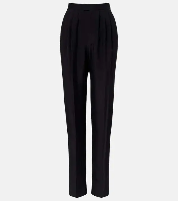 Saint Laurent Pleated Silk Straight Trousers - Black