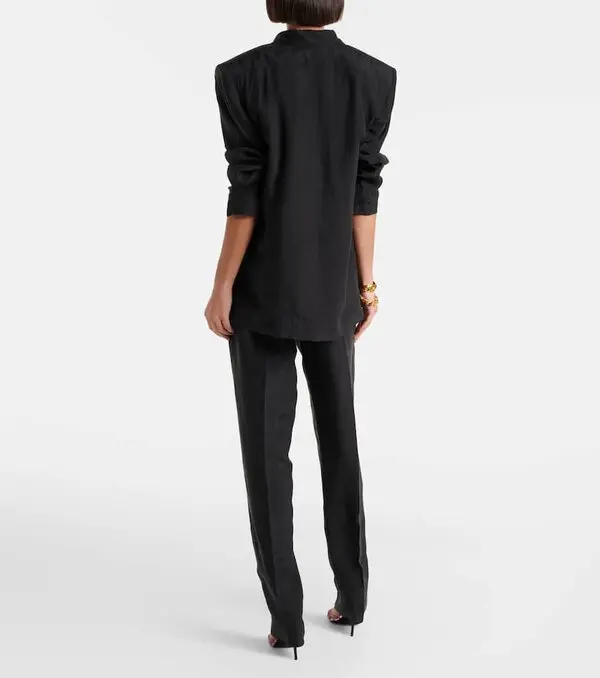 Saint Laurent Pleated Silk Straight Trousers - Black