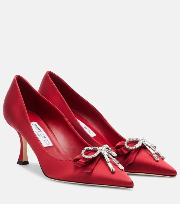JIMMY CHOO Auria 70 Embellished Satin Pumps - Red