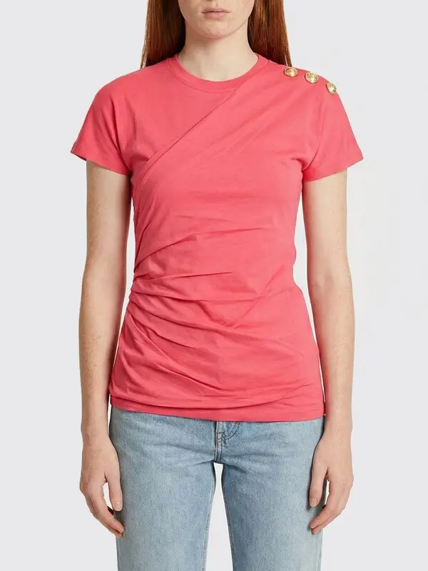 Balmain Draped T-shirt With Embellished Shoulders - Fuchsia