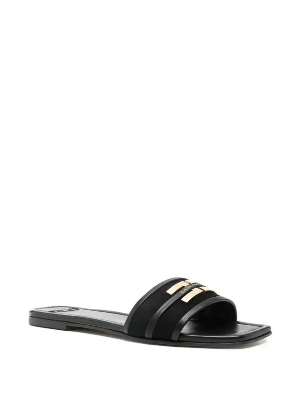 Elisabetta Franchi Leather Flat Sandals With Logo Detail - Black