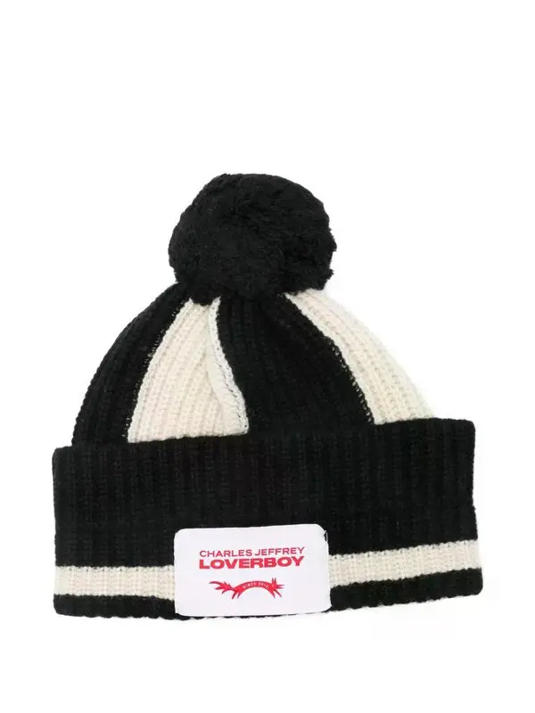 CHARLES JEFFREY Pompom Striped Beanie - Black