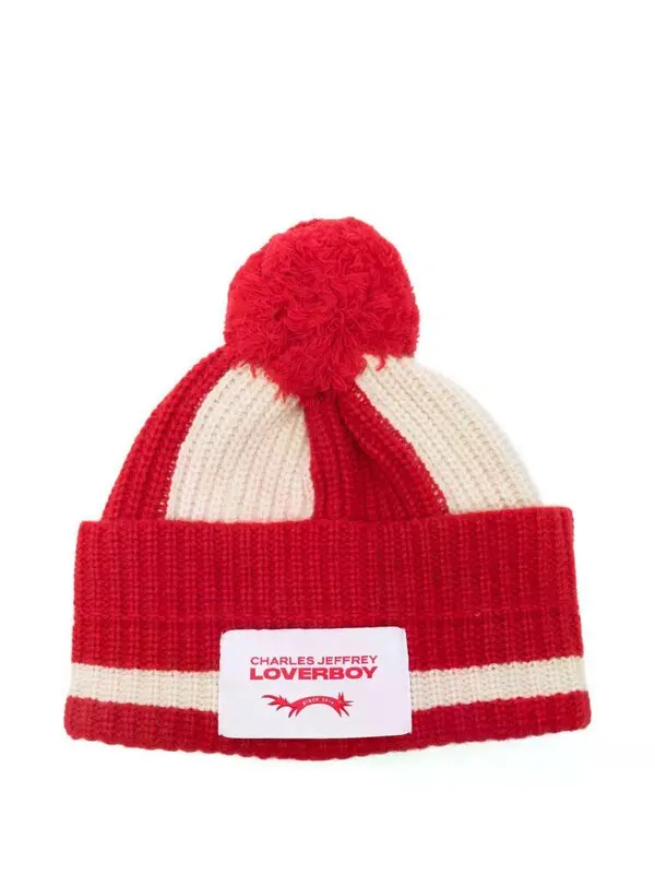 CHARLES JEFFREY Striped Pompom Beanie - Red