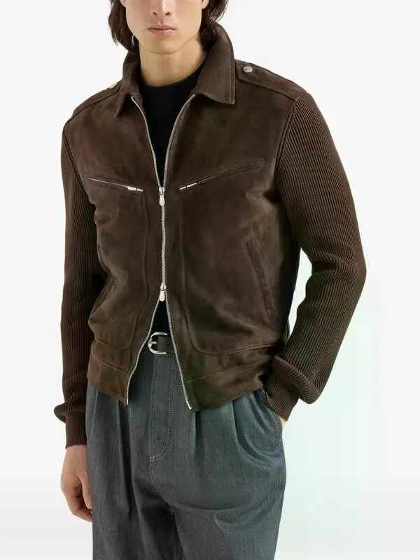 Brunello Cucinelli Ribbed-knit Suede Jacket - Brown