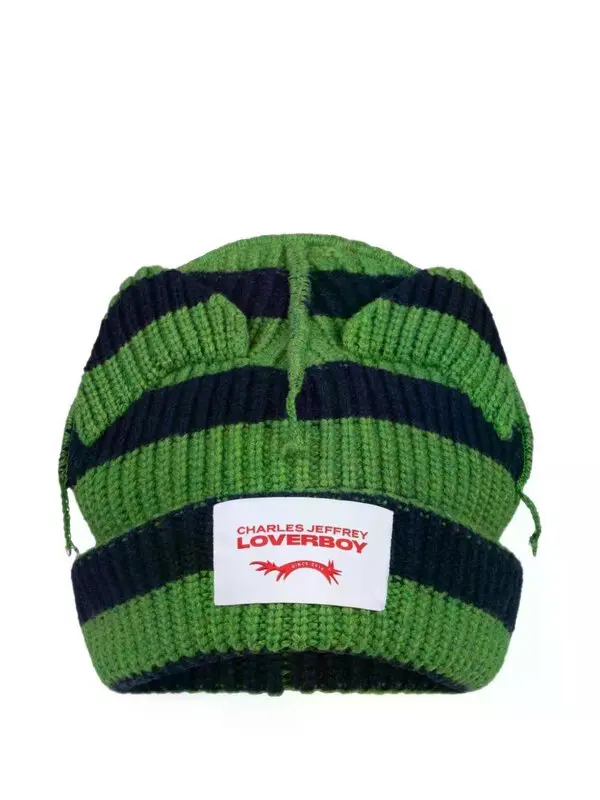 CHARLES JEFFREY Striped Beanie With Ears - Green
