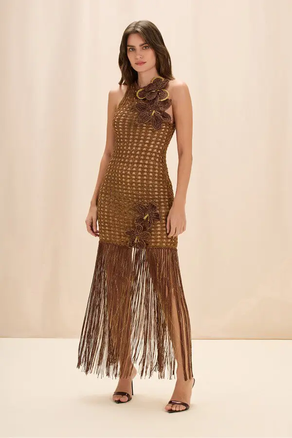 PatBO Gaia Knit Fringe Maxi Dress - Brown