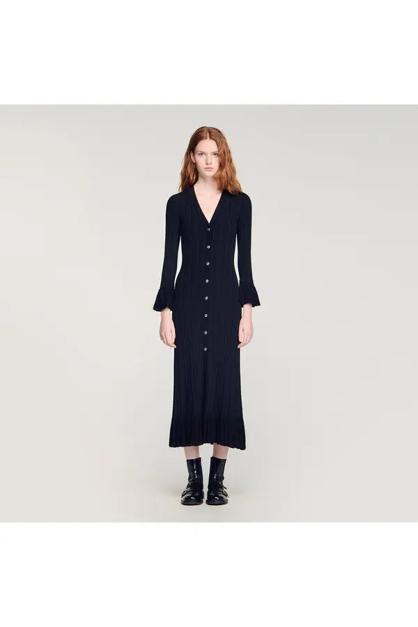 Sandro Knit Maxi Dress With Ruffle - Black | Editorialist