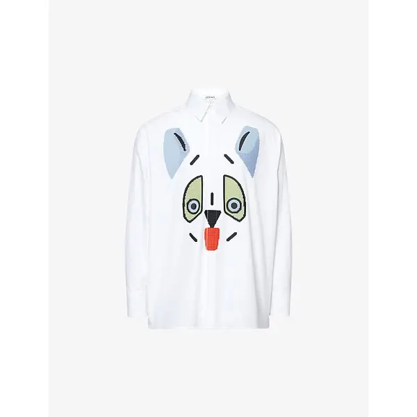 Loewe Cat Face Embroidered Cotton Shirt - White