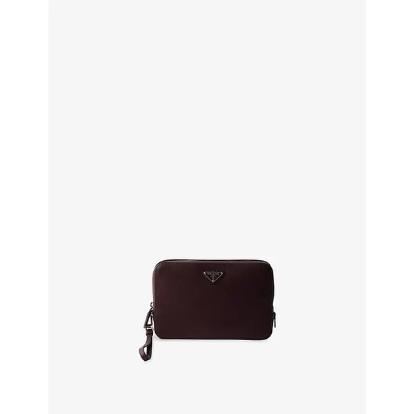 Prada Logo-plaque Saffiano-leather Clutch - Burgundy