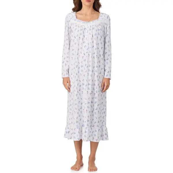 Eileen West Long Sleeve Cotton Jersey Nightgown - White Dot