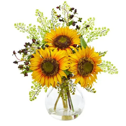 NEARLY NATURAL Sunflower Artificial Arrangement In Vase - Yellow