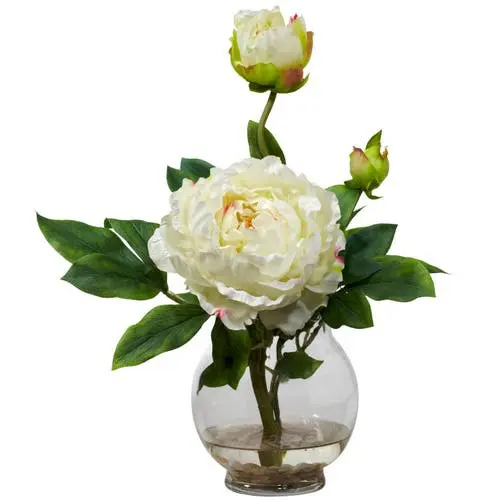 NEARLY NATURAL Peony With Fluted Vase Silk Flower Arrangement - White