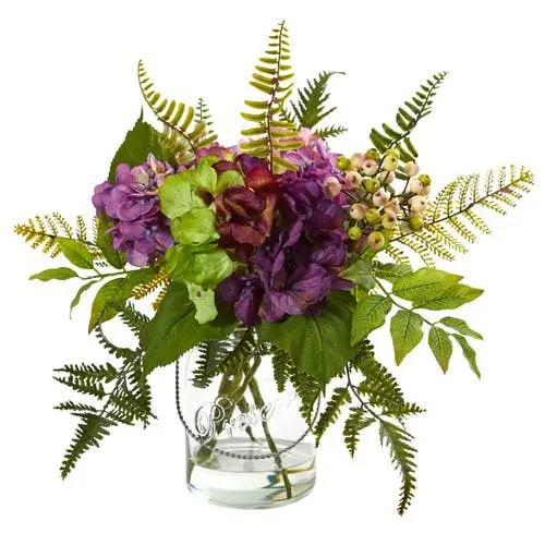 NEARLY NATURAL 14-in Hydrangea & Berry Artificial Arrangement - Purple