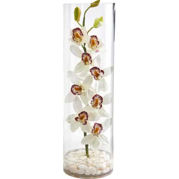NEARLY NATURAL Cymbidium Orchid Artificial Arrangement In Tall Cylinder Vase - White