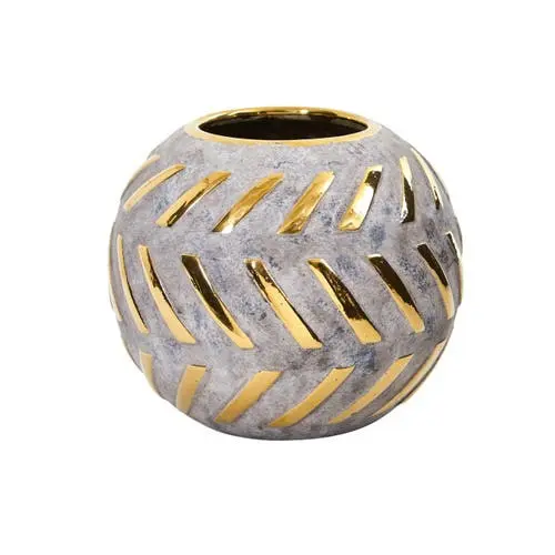 NEARLY NATURAL 6-in Regal Round Stone Vase With Gold Accents - Gray