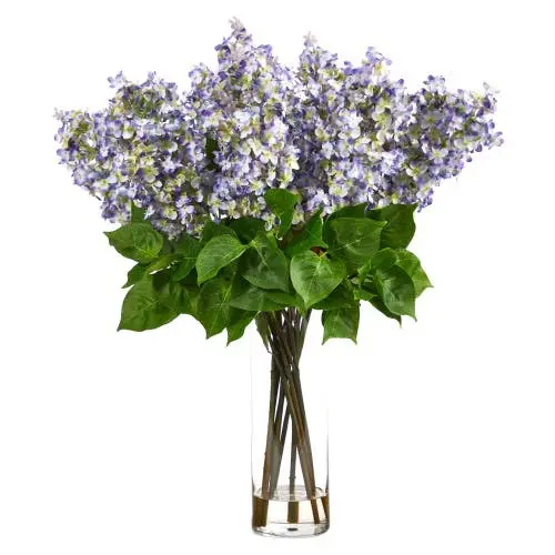 NEARLY NATURAL 24-in Artificial Lilac Arrangement With Cylinder Glass Vase - Purple