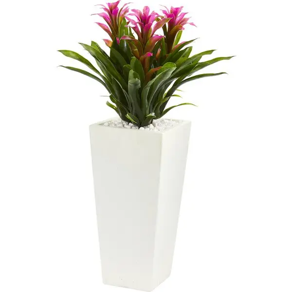 NEARLY NATURAL Triple Bromeliad Artificial Plant In White Tower Planter - Purple